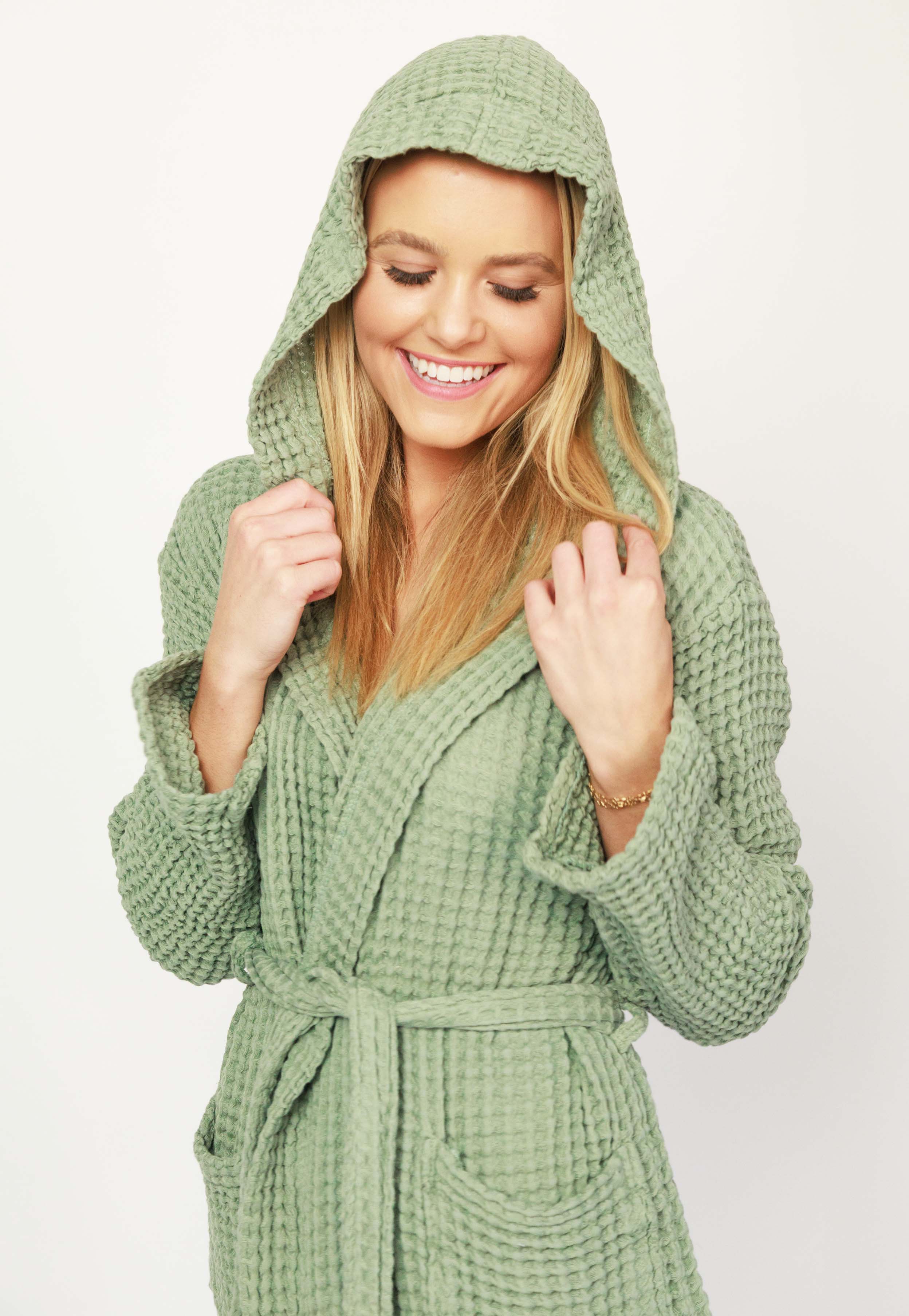 Sage Waffle Hooded Bathrobe – Organic Cotton Comfort – My Kitchen Linens